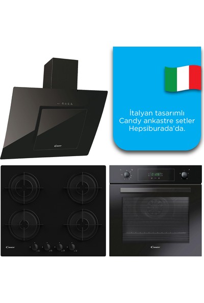 Candy 3lü Ankastre Set Siyah (FCP405N/E Ankastre Fırın + CVW6BB Ankastre Ocak + CDM656BTK Davlumbaz)