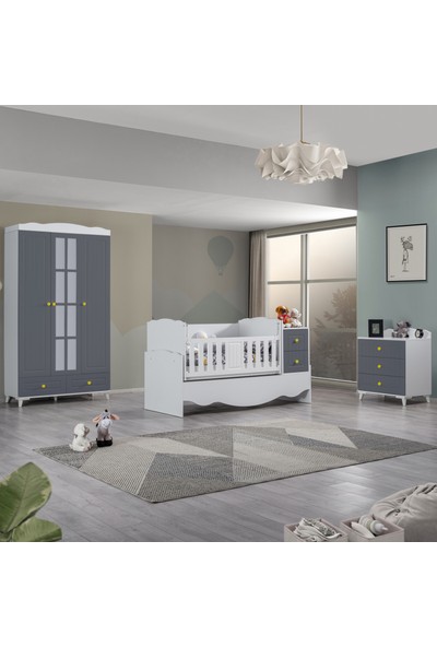 Setay Mdf Bebek Odası, Lion 3 Kapılı Dolap Şifonyer ve Büyüyen Beşikli Bebek Odası Takımı - Antrasit-Sarı Setay Mdf Bebek Odası, Lion 3 Kapılı Dolap Şifonyer ve Büyüyen Beşikli Bebek Odası Takımı - Antrasit-Sarı