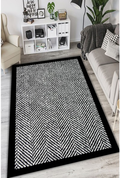 Woolly Halı Siyah Çerçeveli Çizgisel Halı - WL1243