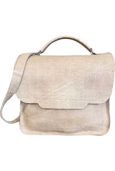 Ln-Leather Krem Rengi Gerçek Deri El Yapımı Kadın Çantası