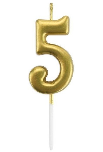 Süslü Horanta Altın Yaldız 9 cm Küçük Boy Mum 5 Rakamı 1 Adet Süslü Horanta Altın Yaldız 9 cm Küçük Boy Mum 5 Rakamı 1 Adet