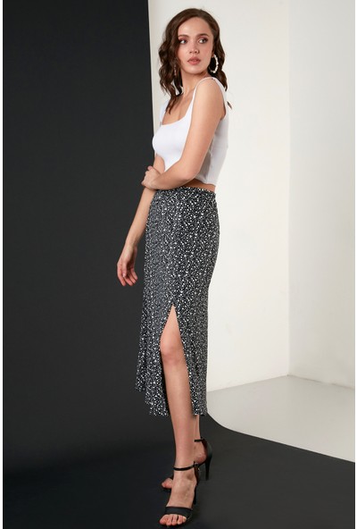 Lela Çiçek Desenli Midi Boy Yırtmaçlı Etek Bayan Etek 5864498