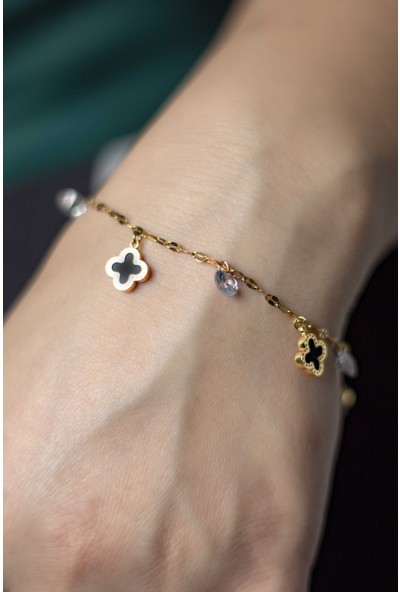 Sterling Silver Zirkon Taşlı Siyah Yonca Çelik Bileklik