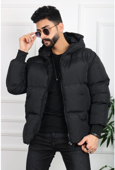 Eballins Erkek Siyah Rüzgar Geçirmez Kapüşonlu Şişme Mont