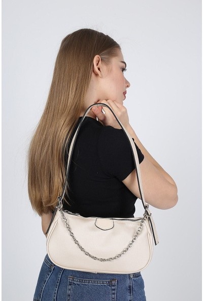 Kadın Krem Saten Gümüş Zincirli Omuz Çantası