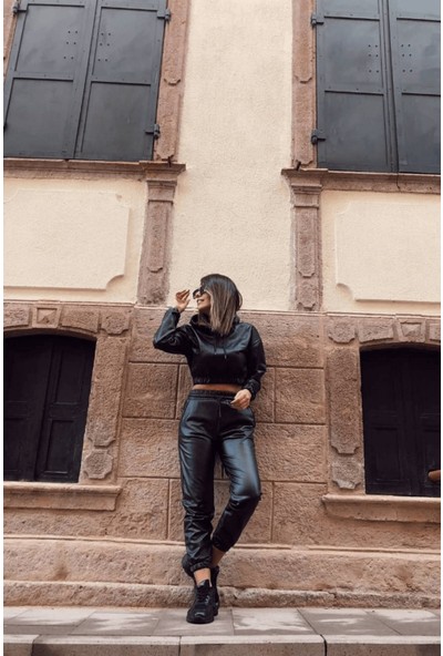 Elegance Butik Siyah Yüksek Bel Paça Lastikli Deri Pantolon