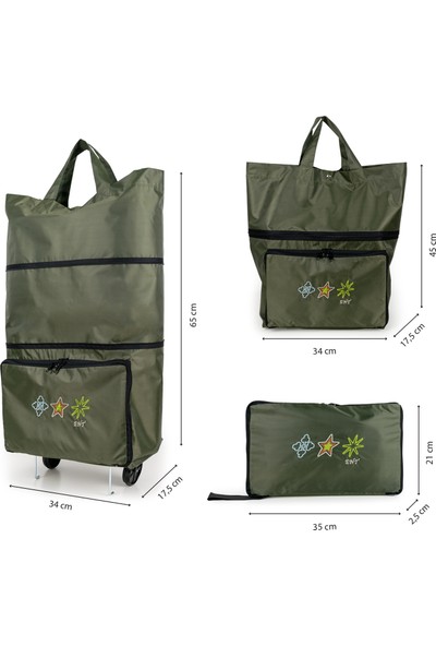Entrklm Fonksiyonel Büyük Boy 2 Tekerlekli Çarşı Pazar Alışveriş Çantası Haki