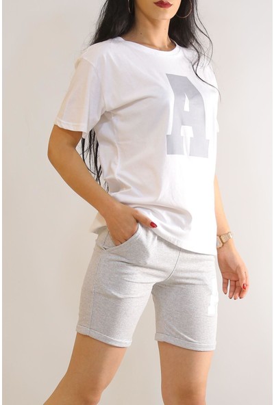 Pearl Cloht Harf Baskı Şortlu Takım Gria - 1367.1250.