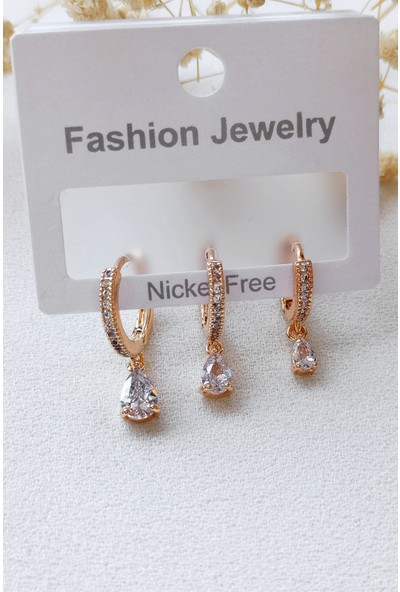 Armerdo Kadın Silver Damla Kristal Sallantılı Zirkon Taşlı 3'lü Halka Küpe