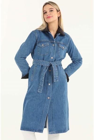 The Bark Içi Peluş Uzun Kadın Kot Ceket 1174-200 Mavi