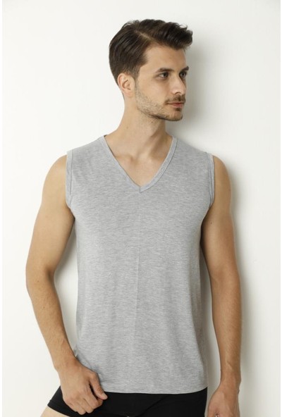 Assaran Erkek 0-Kol V-Yaka Gri Atlet %100 Pamuk