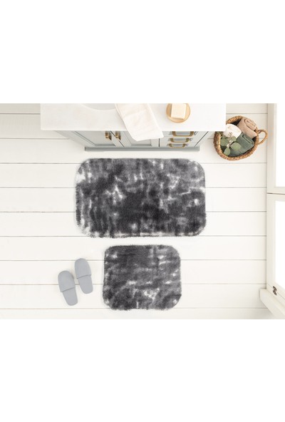 Madame Coco Damien 2'li Banyo Paspası - Beyaz - Antrasit 60 x 100 Cm. + 50 x 60 Cm.