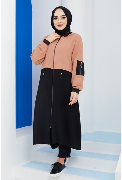 İmaj Butik Büyük Beden Kapşonlu Fermuarlı Tesettür Kap/somon