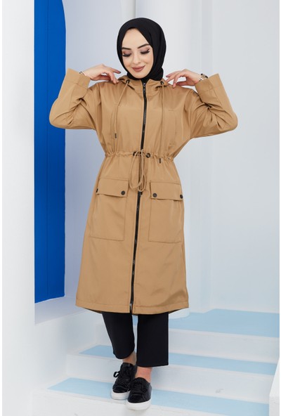 İmaj Butik Boydan Fermuarlı Astarlı Tesettür Trençkot/camel İmaj Butik Boydan Fermuarlı Astarlı Tesettür Trençkot/camel