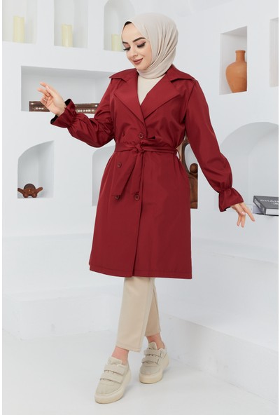 İmaj Butik Kolu Büzgü Detaylı Tesettür Trenç/bordo