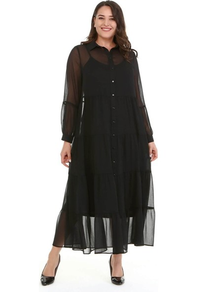 Myline Astarlı Şifon Katlı Uzun Elbise