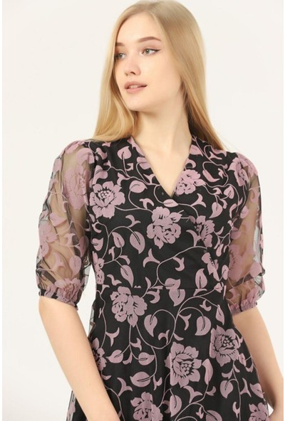 Ottawe Flok Tül Kruvaze Yaka Yarım Kol Kloş Midi Boy Elbise OTTW-5061 Ottawe Flok Tül Kruvaze Yaka Yarım Kol Kloş Midi Boy Elbise OTTW-5061