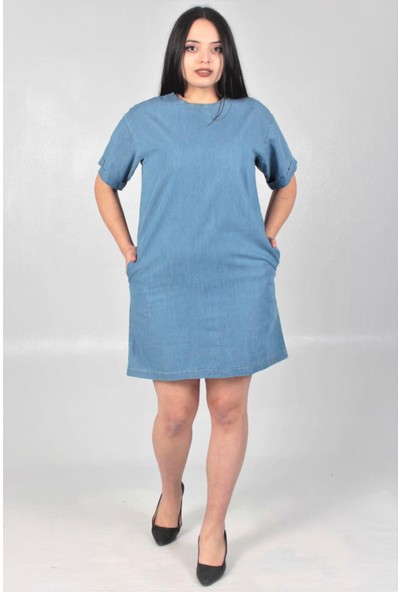 Truva Xxl Büyük Beden Kadın Giyim Tensel Kot Elbise Mavi ELB051