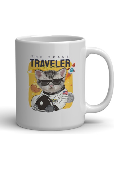 Nacarlar Uzay ' Da Gezen Kedi Baskılı Porselen Kupa Bardak