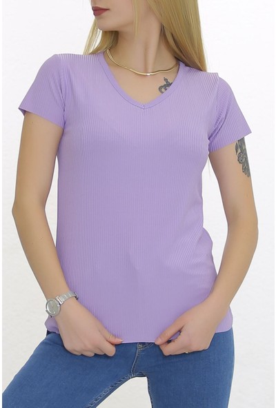 Otantik V Yaka Kaşkorse Tişört Lila - 1988.555.