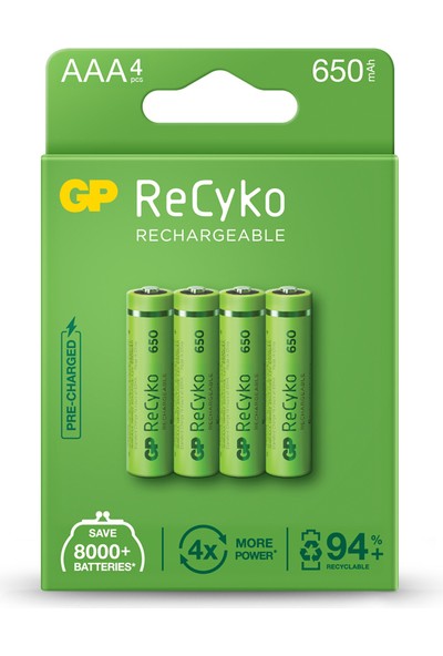 GP 4'lü ReCyko 650 Serisi NiMH AAA İnce Kalem Boy Şarjlı Pil(GP65AAAHCEMTR-2GBE4) GP 4'lü ReCyko 650 Serisi NiMH AAA İnce Kalem Boy Şarjlı Pil(GP65AAAHCEMTR-2GBE4)