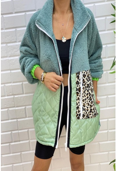 Stilada Tasarım Kapitoneli Peluş Mont Ceket Yeşil