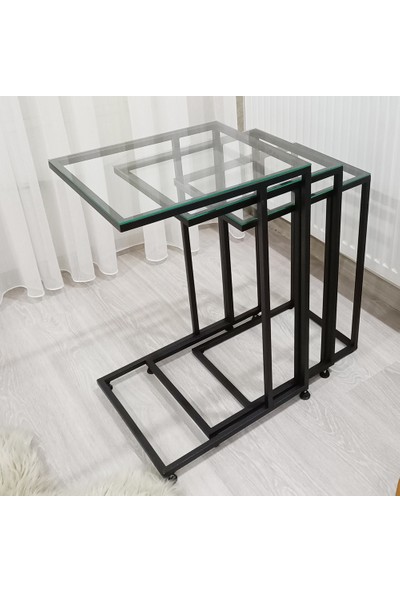 Aga Konsept 3'lü Çok Amaçlı Metal Güvenilir Temperli Şeffaf Camlı C Sehpa Siyah
