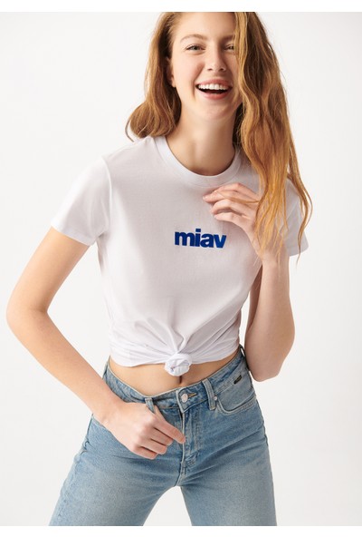 Mavi Miav Baskılı Beyaz Tişört