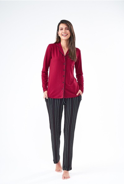 Pjs 22407 Kadın Boy Düğmeli Uzun Kollu Pijama Takımı -Bordo