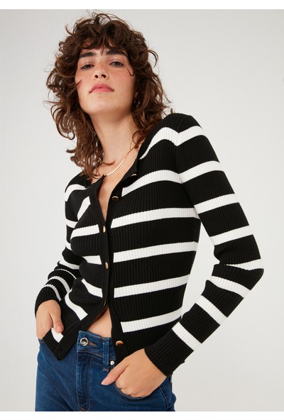 Mavi Siyah Beyaz Çizgili Hırka