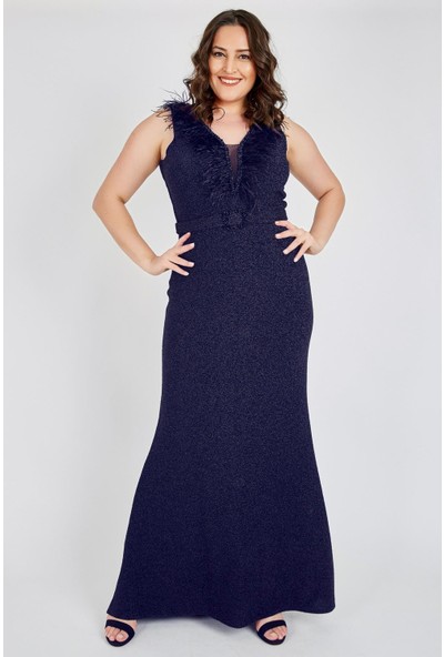 Ladies First Büyük Beden 3472 Lacivert Uzun Abiye Elbise