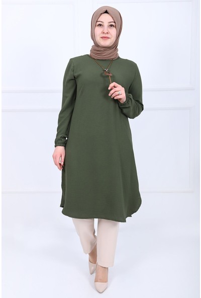 Kombinal Haki Kolye Aksesuarlı Ayrobin Büyük Beden Tunik- 17948