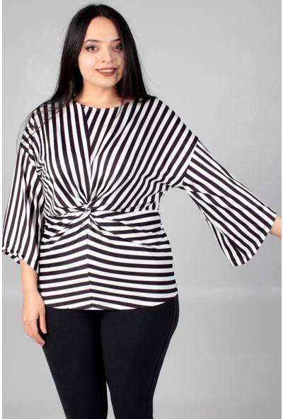 Truva Xxl Büyük Beden Kadın Giyim Cizgili Bluz Siyah Beyaz BZ598
