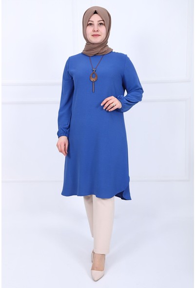 Kombinal Indigo Kolye Aksesuarlı Ayrobin Büyük Beden Tunik- 17948