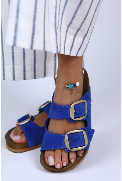 Manijero Irene Hakiki Deri Çift Tokalı Mavi Terlik