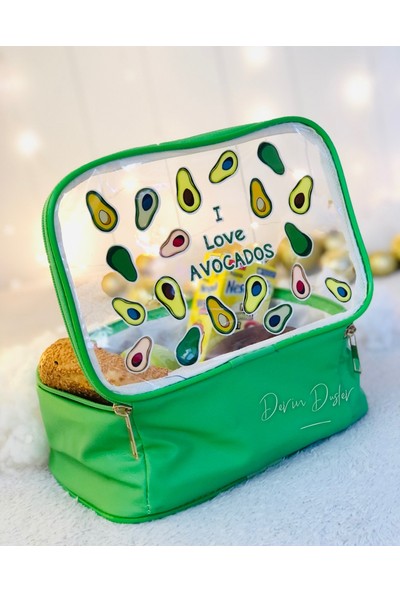 Derin Düşler Avokado Baskılı Fermuarlı Şeffaf Çok Amaçlı Makyaj ve Beslenme Çantası
