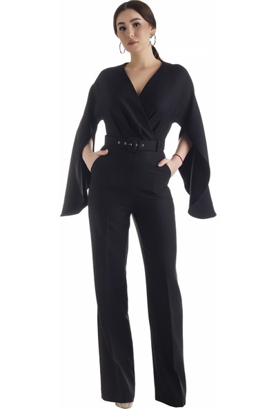 Defile Lüx Yarasa Kol Bol Paça Kemerli Tulum Siyah - Bat-Arm Serisi Defile Lüx Yarasa Kol Bol Paça Kemerli Tulum Siyah - Bat-Arm Serisi