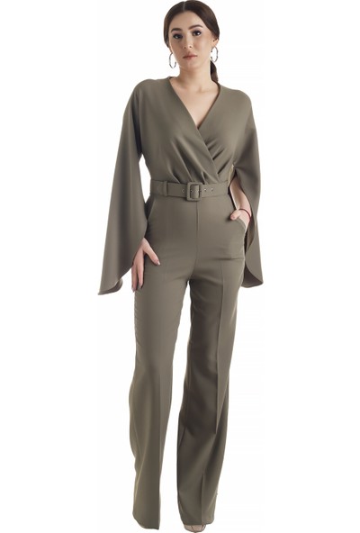 Defile Lüx Yarasa Kol Bol Paça Kemerli Tulum Haki - Bat-Arm Serisi