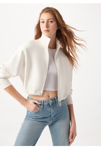 Mavi Dik Yaka Beyaz Sweatshirt