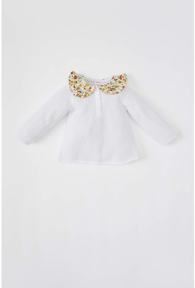 DeFacto Kız Bebek Regular Fit Çiçekli Bebe Yaka Uzun Kollu Dokulu Gömlek W9092A222SP