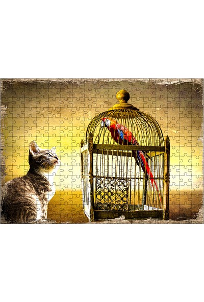 Tablomega Ahşap Mdf Puzzle Yapboz Kafeste Papağan Kedi 255 Parça 35*50 cm