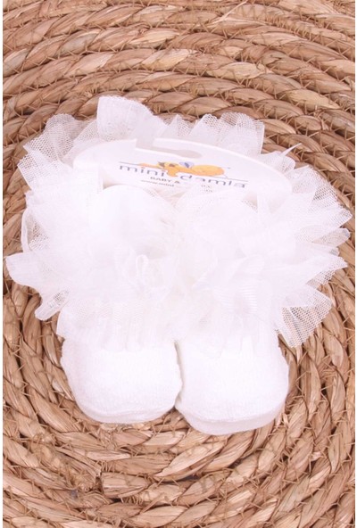 Mini Damla Kız Bebek Çorap Kokoş Tüllü Beyaz (0-3 Ay)