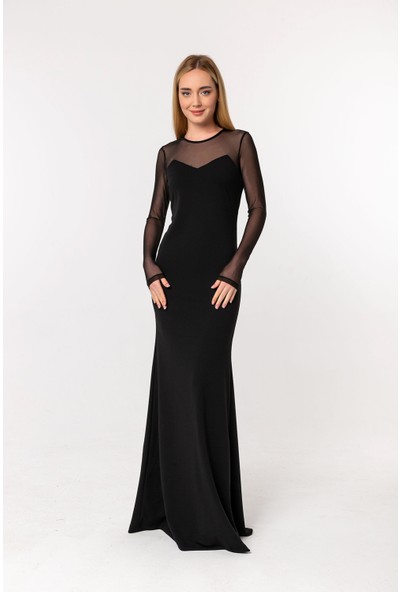 Laranor Siyah Dudak Yaka Tül Detay Abiye Balık Elbise Laranor Siyah Dudak Yaka Tül Detay Abiye Balık Elbise