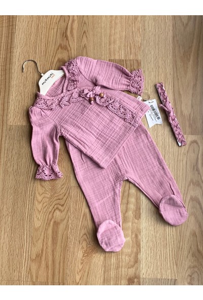 Miomini Kız Bebek Müslin Hastane Çıkışı Organik Pamuk Takım Müslin Bebek Zıbın Set