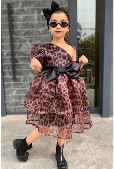 Riccotarz Kız Çocuk Tek Omuz Önü Fiyonklu Leopar Desenli Kahverengi Organze Abiye