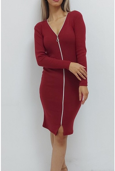 Bernam Tam Fermuarlı Triko Elbise Kırmızı