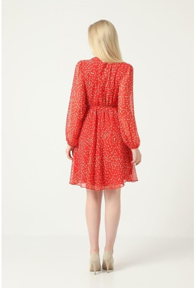 Ottawe Desenli Şifon Kruvaze Yaka Uzun Kollu Kloş Mini Elbise