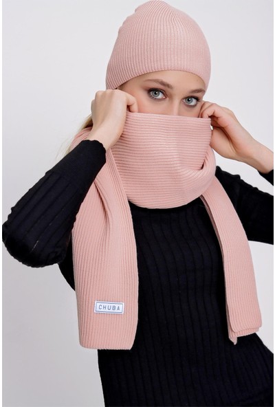 Chuba Kadın Selanik Triko Atkı ve Bere Takım Pudra 22WK270