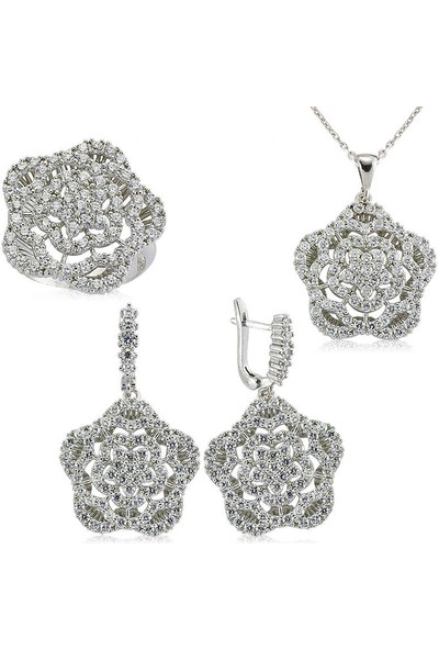 Nikadu Gümüş Zirkon Taşlı Çiçek Kadın Set