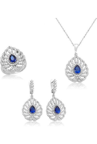 Nikadu Gümüş Lacivert Damla Taşlı Kadın Set